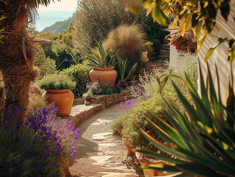 AI Generated Illustration of a Scenic Pathway Adorned with Potted ...