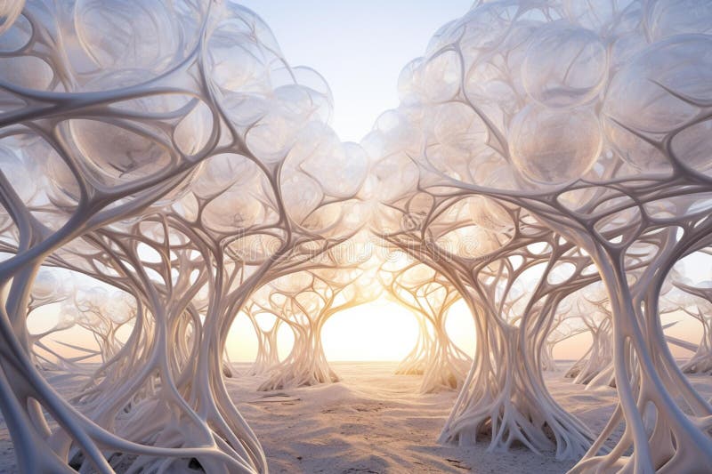 A Pathway with White Trees with a Sunlight Behind Stock Illustration ...