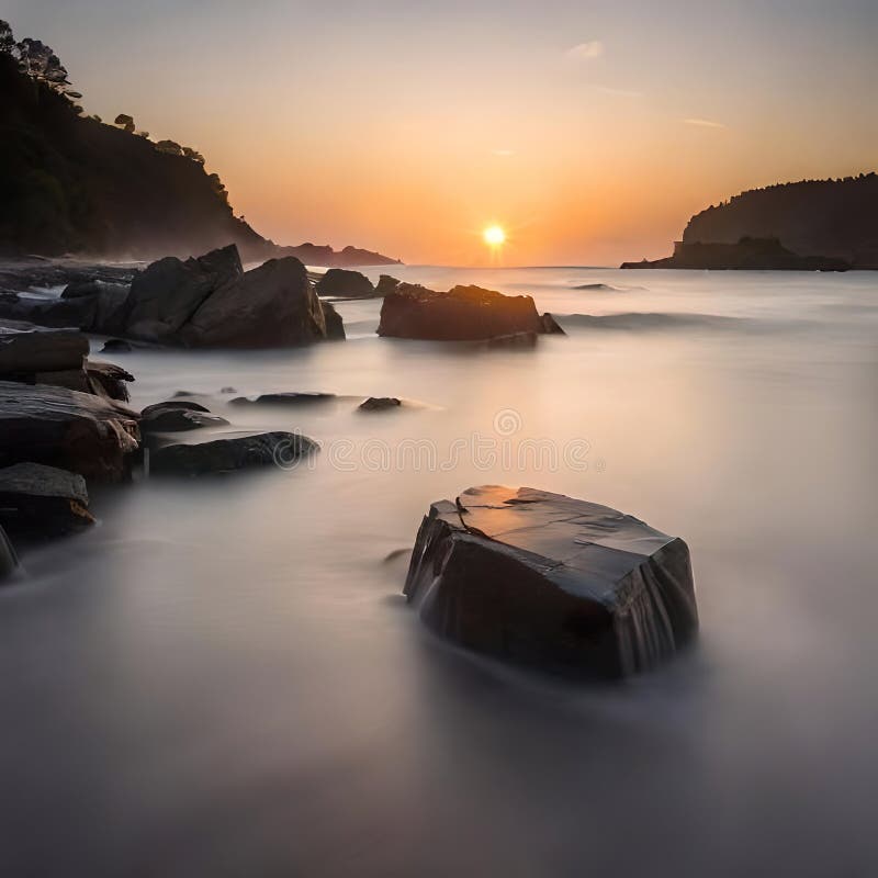 AI Generated Illustration of a Scenic Rocky Shoreline Illuminated by ...