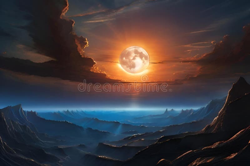 A View of a Sunset with a Distant Moon in the Sky Stock Illustration ...