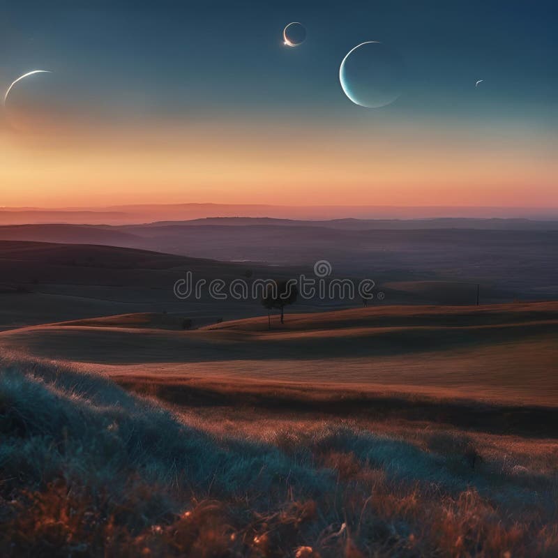 AI Generated Illustration of a Scenic Sunset Over Mountains with Three ...