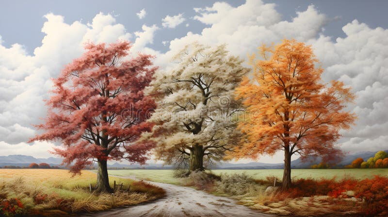 A Picture of Three Different Trees on the Side of a Road Stock ...