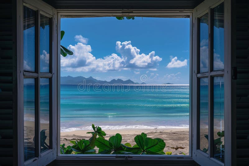 View Out a Window of the Beach and Ocean with Mountains in the Distance ...
