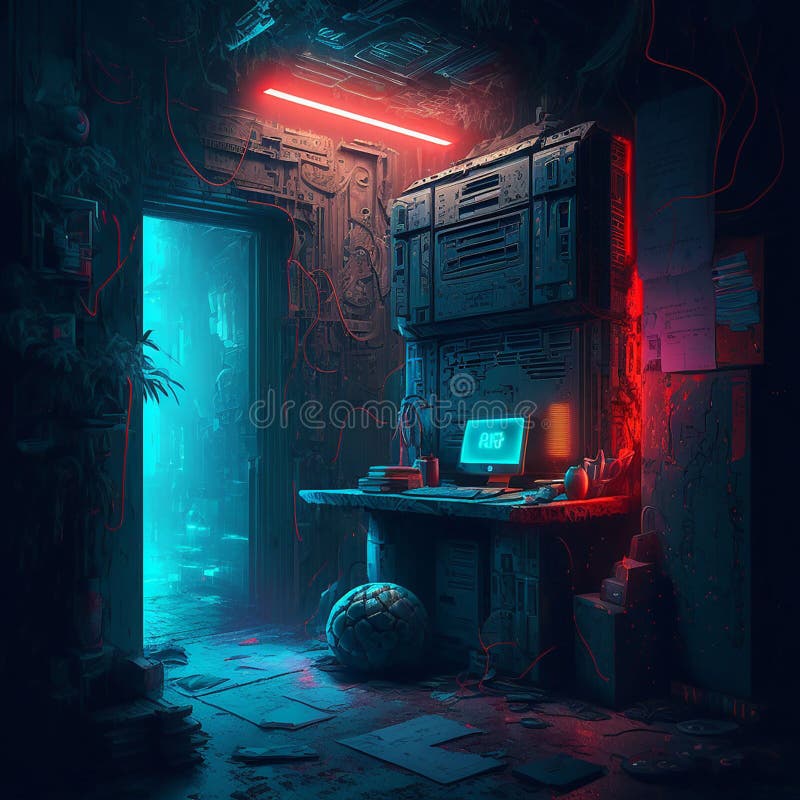 AI Generated Illustration of a Sci-fi Room with Computers Covered with ...
