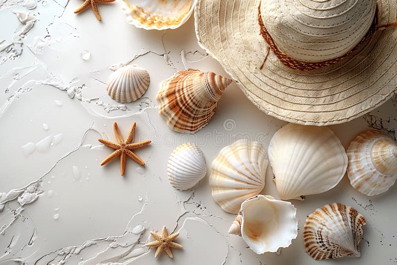 AI Generated Illustration of Sea Shells and a Hat on a Countertop Stock ...