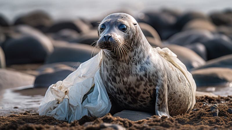 AI Generated Illustration of a Seal Wrapped in Plastic on the Beach ...
