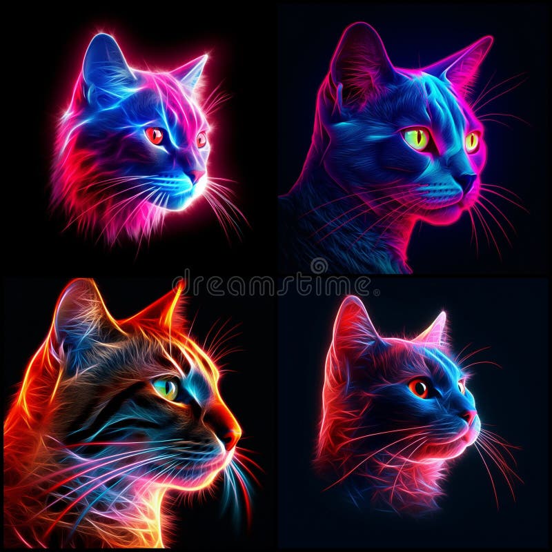 AI Generated Illustration of a Selection of Neon Cats in a Variety of ...