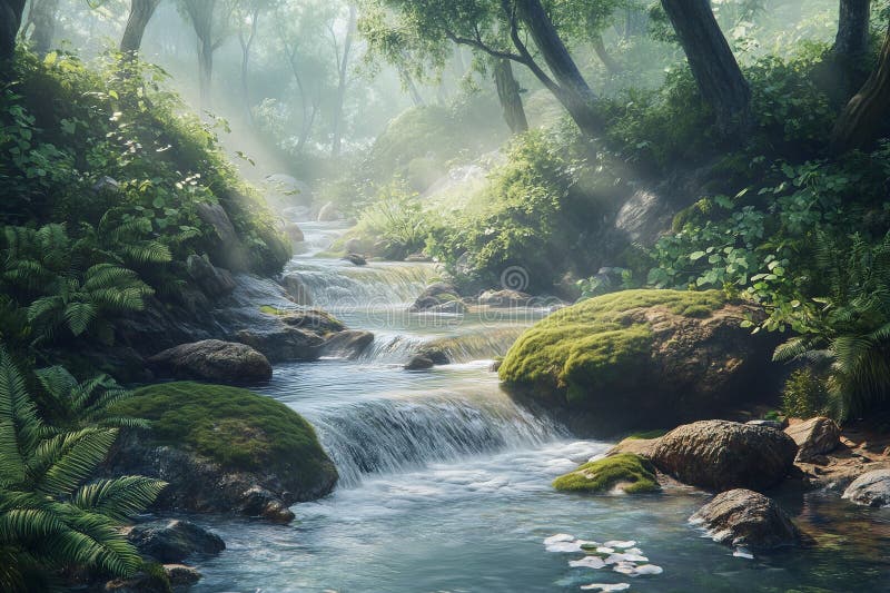 AI-generated Illustration of a Serene Forest Stream with Sunlight ...