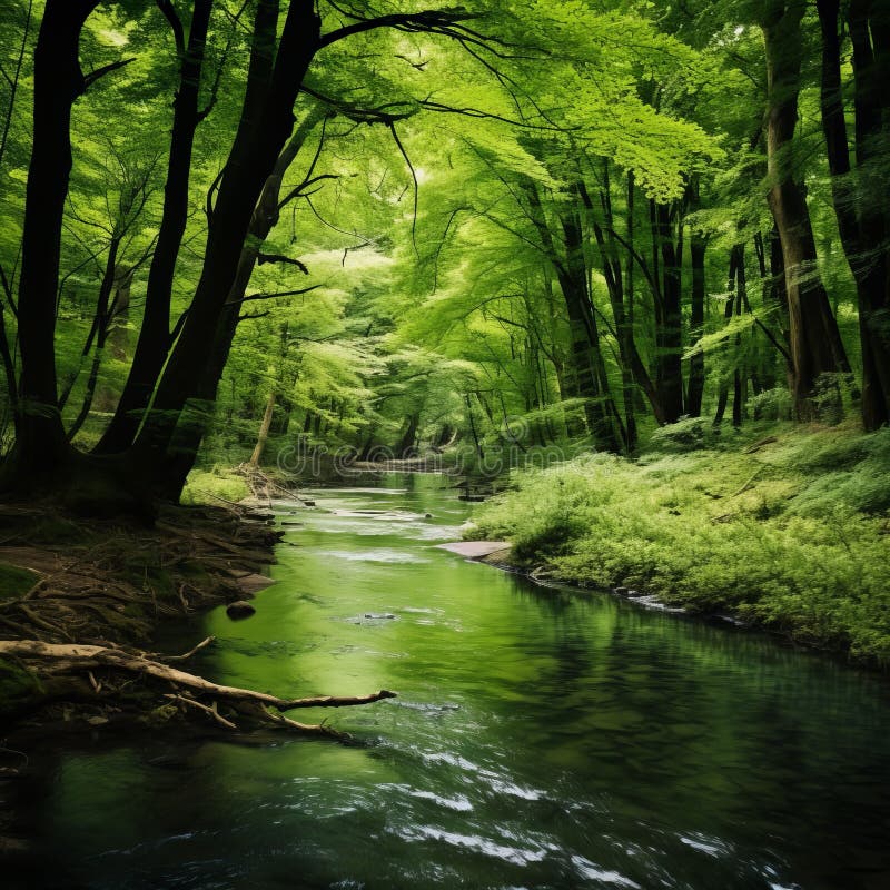 AI Generated Illustration of a Serene Stream Meandering through a Lush ...