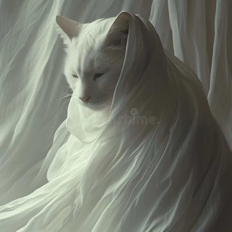 AI Generated Illustration of a Serene White Cat Draped with a Soft ...