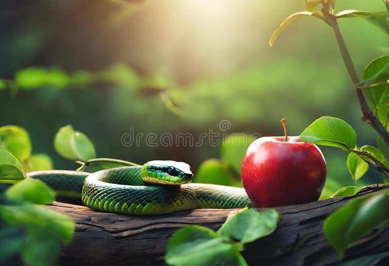 A Green Snake Eating an Apple Sitting on a Tree Branch Stock ...