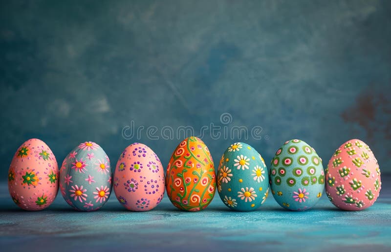 Seven Painted Easter Eggs, on Blue Background, with Flowers and Dots ...