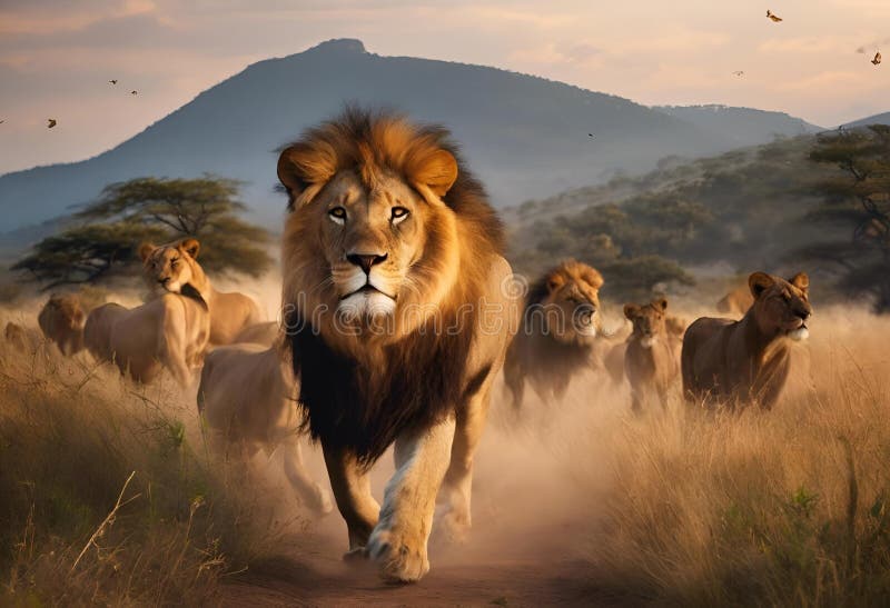 AI Generated Illustration of Several Lions Running Together on a Path ...