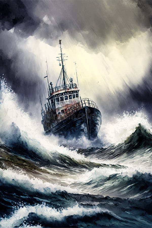 AI Generated Illustration of a Ship in the Storm Stock Illustration ...