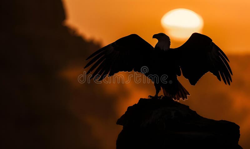A Silhouette of a Hawk Sitting on Top of a Rock at Sunset Stock ...
