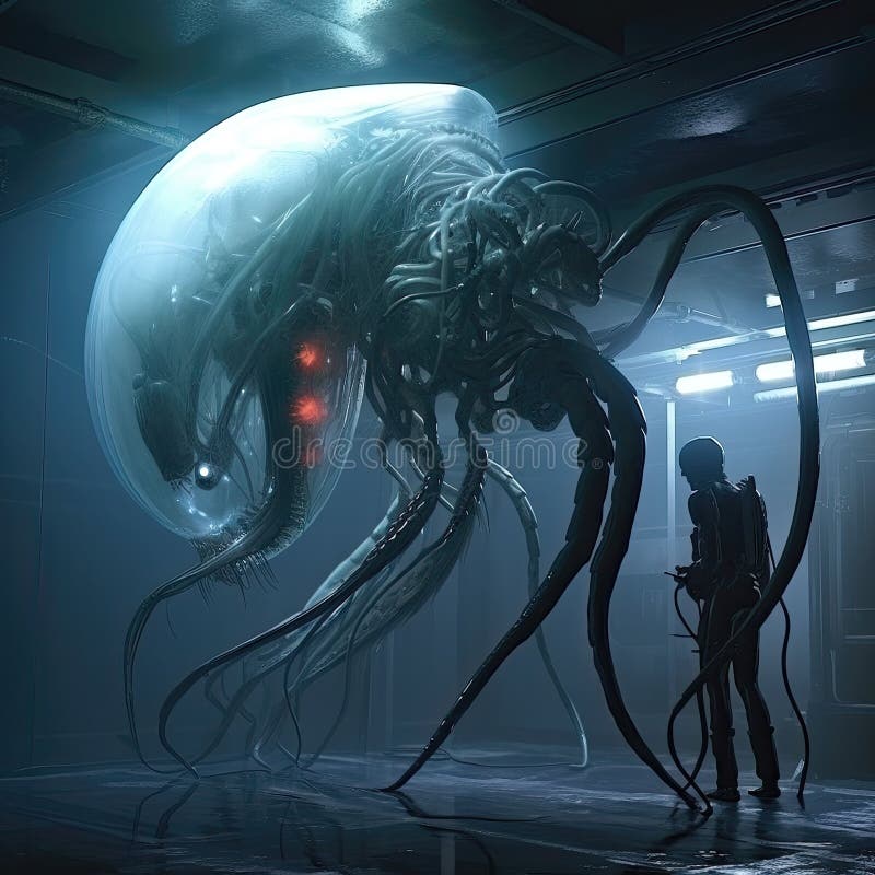 AI Generated Illustration of a Silhouette of a Human Near a Large Alien ...