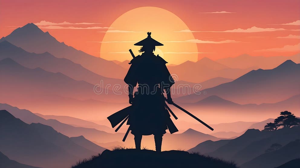 AI Generated Illustration of a Silhouette of a Samurai Standing on a ...