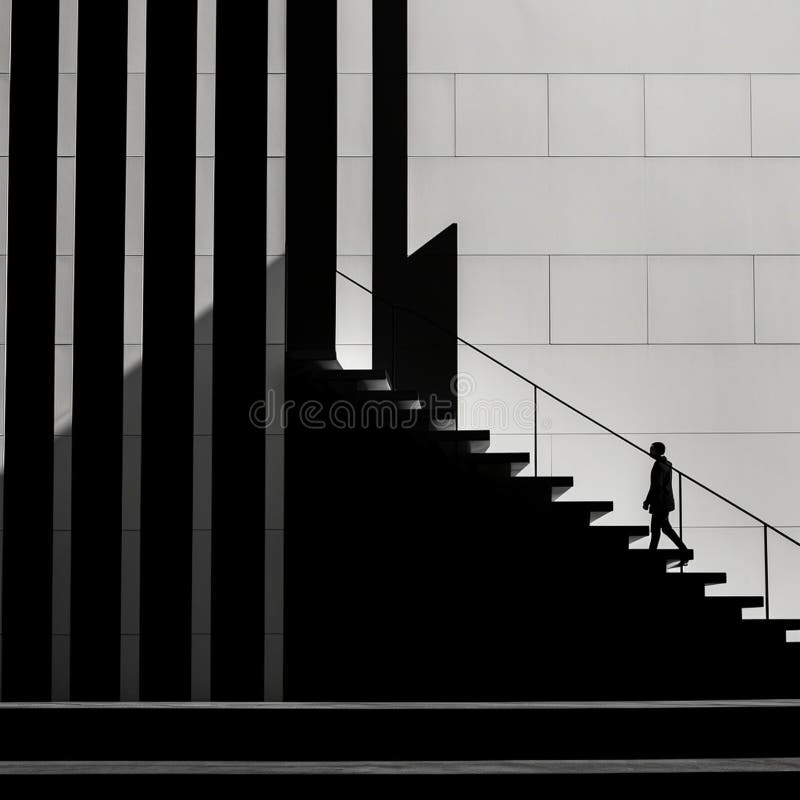 AI Generated Illustration of a Silhouette on a Staircase in Grayscale ...