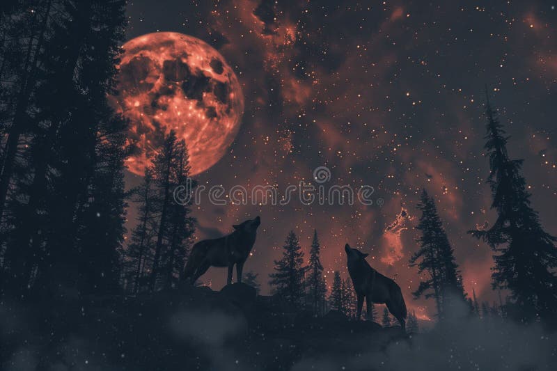 Silhouette of Two Wolves Howling at a Red Moon in a Forest with Starry ...