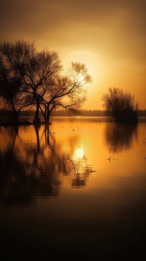 AI Generated Illustration of Silhouettes of Trees Illuminated by the ...