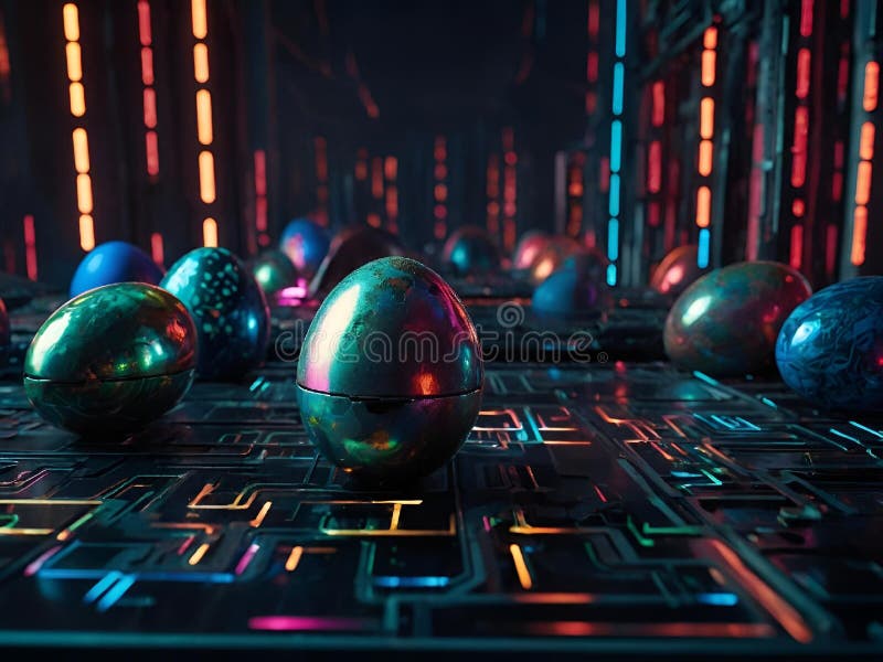AI Generated Illustration of Silver Easter Eggs on a Circuit Board, Technology Concept Stock ...
