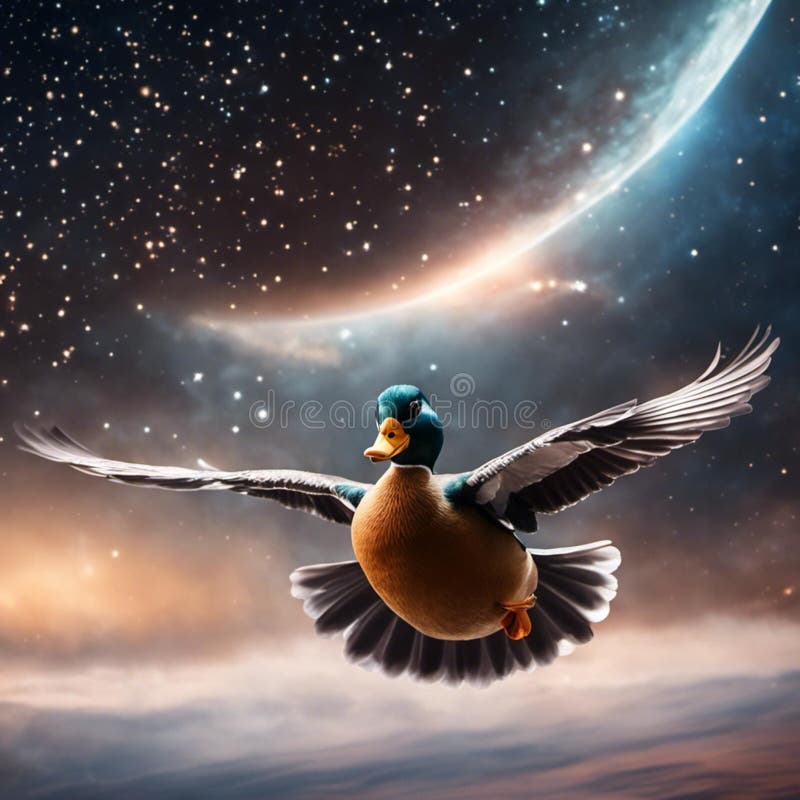 Duck Flying in the Air in Front of an Outer Space Stock Illustration ...