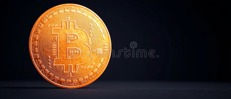 Single Golden Bitcoin Coin Isolated on Dark Reflective Surface Dramatic ...