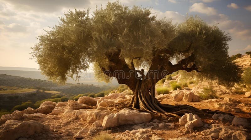 An Olive Tree is on the Top of a Hill with Rocks Stock Illustration ...