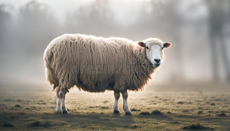 A Single Sheep is Standing in a Field in the Mist Stock Image - Image ...