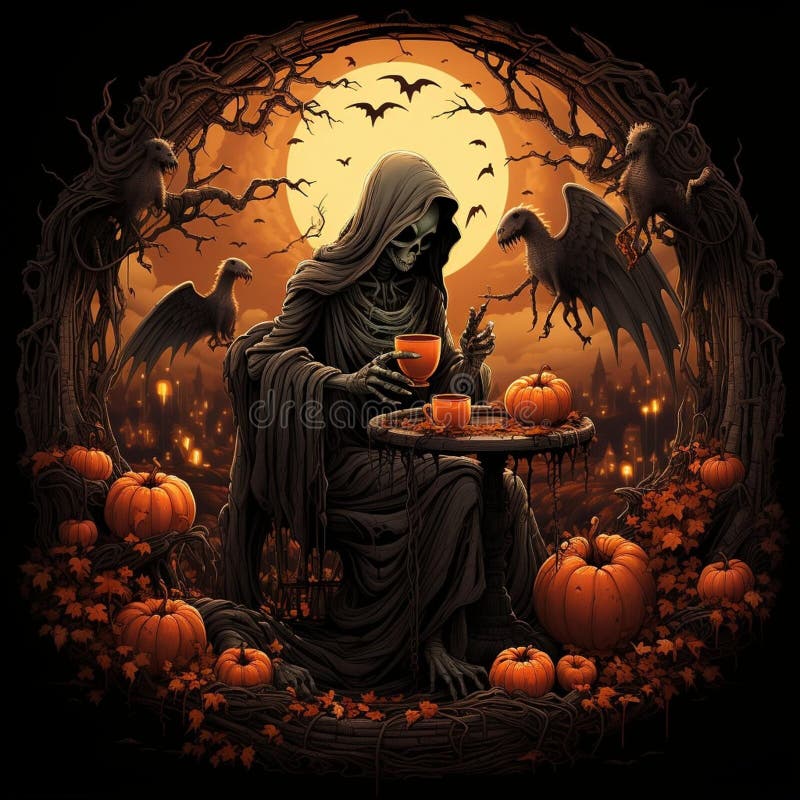 AI Generated Illustration of a Skeleton on a Bench in a Graveyard ...