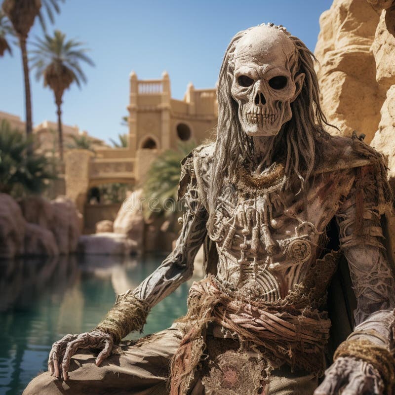 AI Generated Illustration of a Skeleton Sitting in Front of a Pool in ...