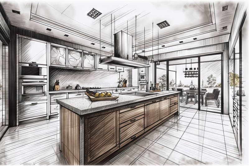 AI Generated Illustration of a Sketch Style Drawing of a Modern Kitchen ...