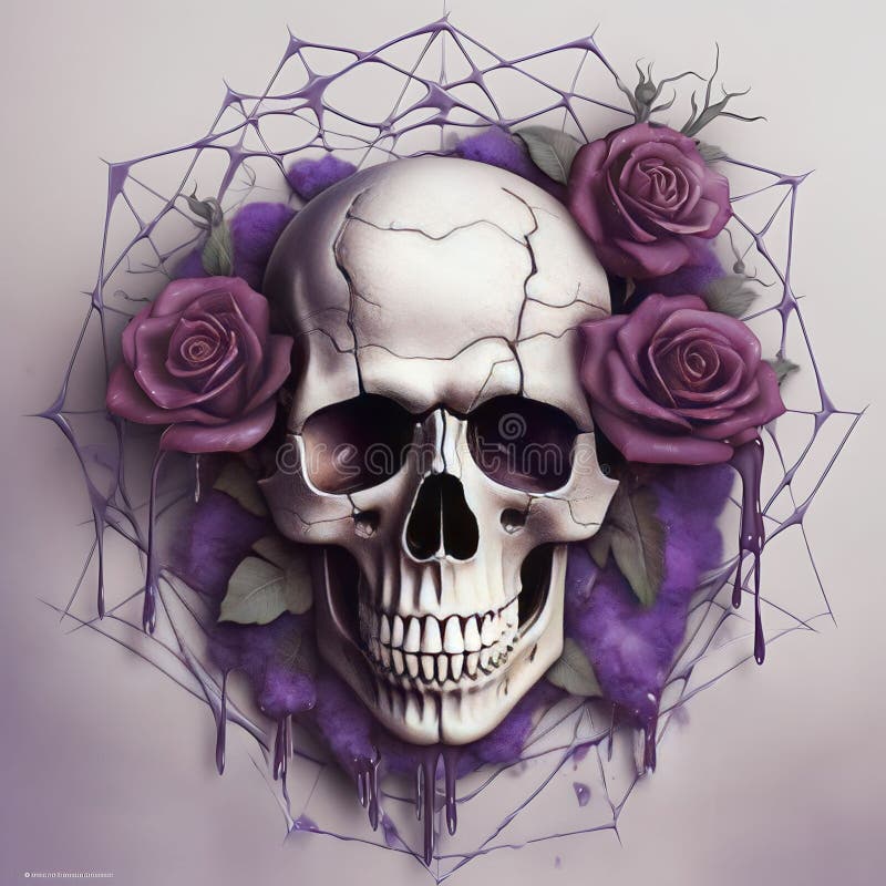 AI Generated Illustration of a Skull Surrounded by Purple Roses Against ...