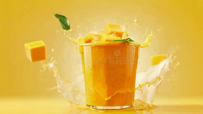 Ai-generated Illustration of Sliced Mango Cubes Falling in Mango Juice ...