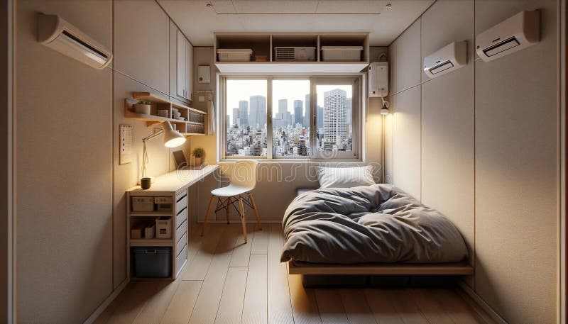 Ai Generated Illustration Of A Small Bedroom With A Bed And A Desk
