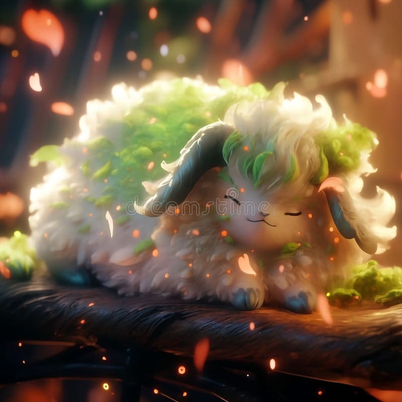 AI Generated Illustration of a Small Fluffy Fantasy Sheep Sleeping on ...