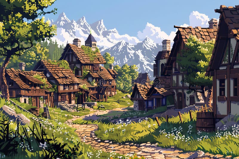 AI-generated Illustration of a Small Medieval Town with a Mountain ...