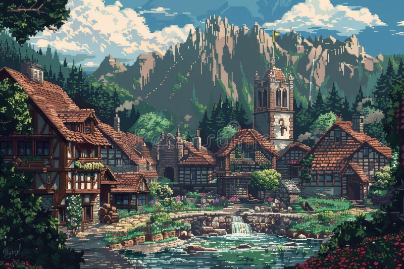 AI-generated Illustration of a Small Medieval Town with a Mountain ...