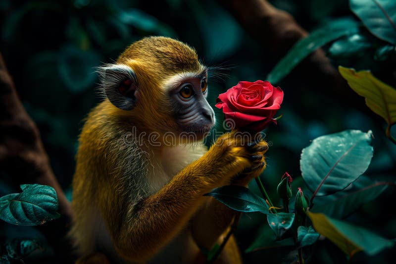 The Small Monkey Has a Red Flower in Its Hand, Stock Illustration ...
