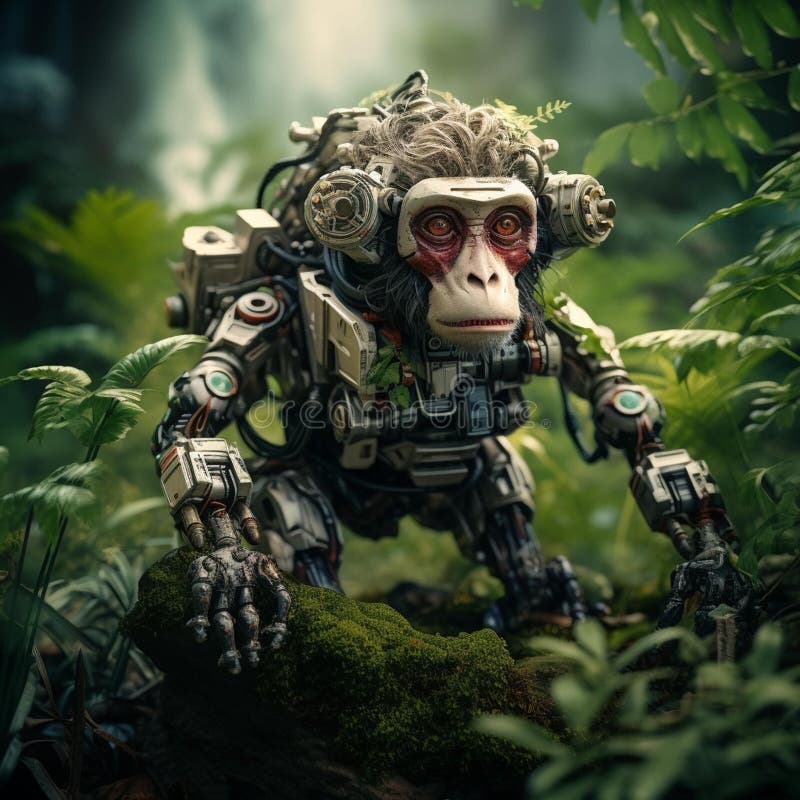 AI Generated Illustration of a Small Robotic Monkey in a Lush Green ...