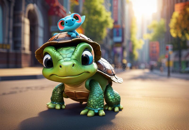 A Little Turtle on the Road with a Bird on Top Stock Illustration ...