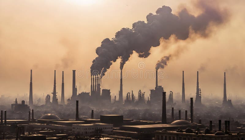 Smoke Coming Out of Several Factories at Dusk, Causing Pollution Stock ...