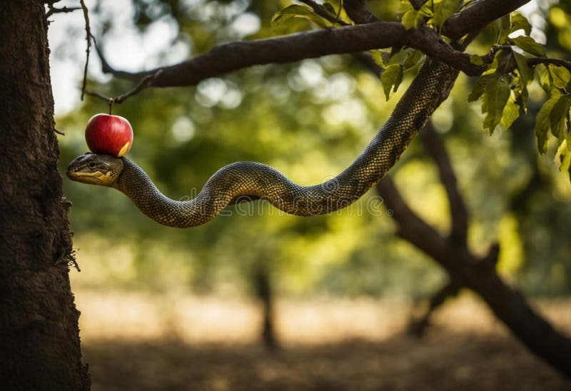 AI Generated Illustration of a Snake with a Red Apple on a Green Tree ...
