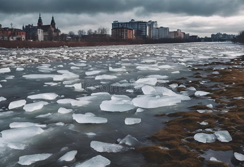 AI-generated Illustration of Snow and Ice Cubes Scattered Along Shore ...