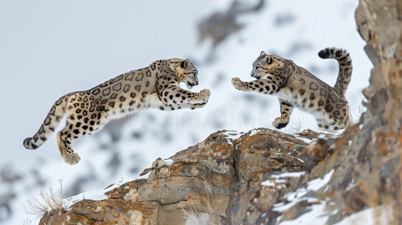 AI Generated Illustration of Snow Leopards Engage in a Playful Chase Up ...