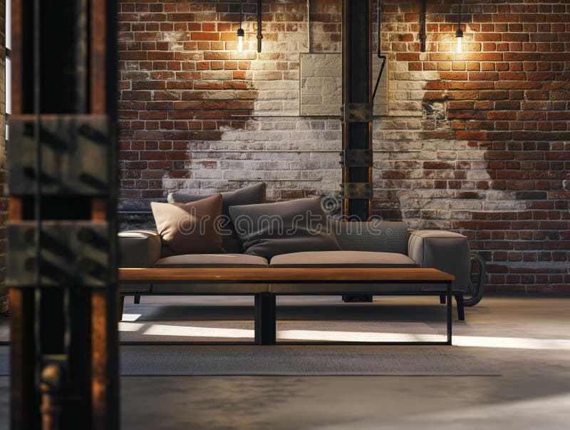 A Sofa Sits in Front of the Open Brick Walls and a Door Stock Photo ...
