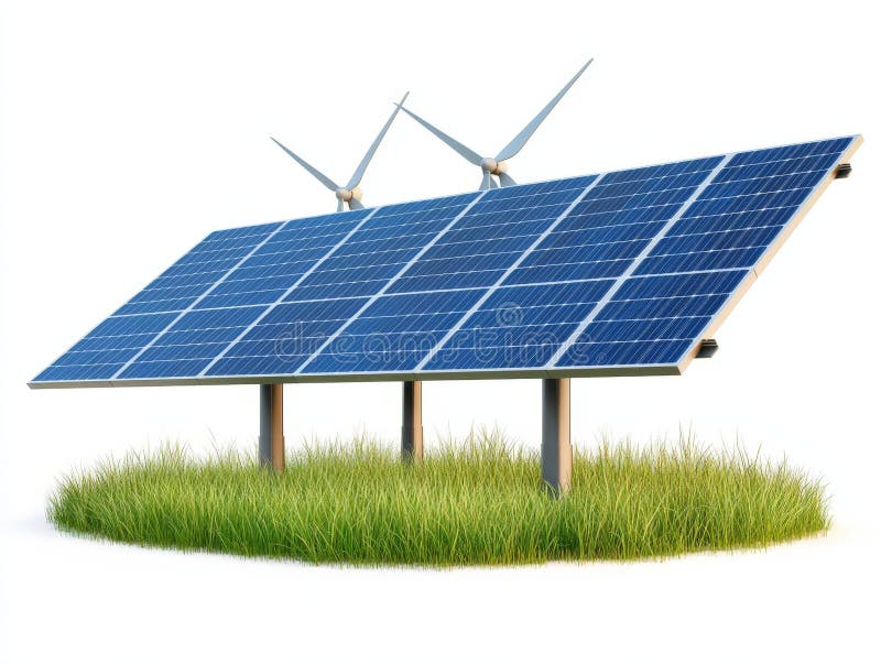 Solar Panel Array Installed on Grassy Terrain Representing Renewable ...