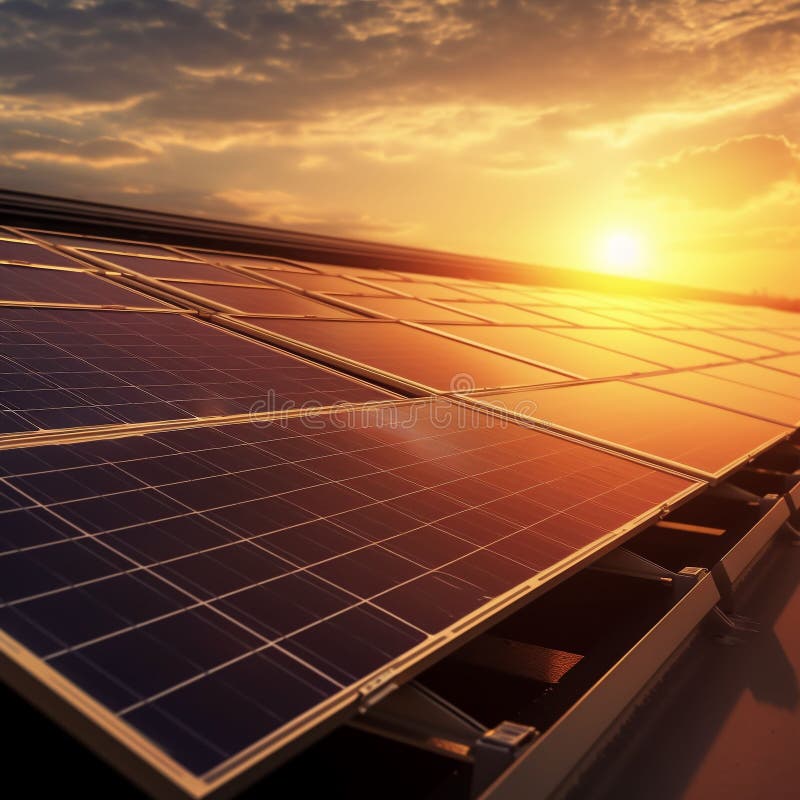 AI Generated Illustration of a Solar Panel Array with the Sun Setting ...