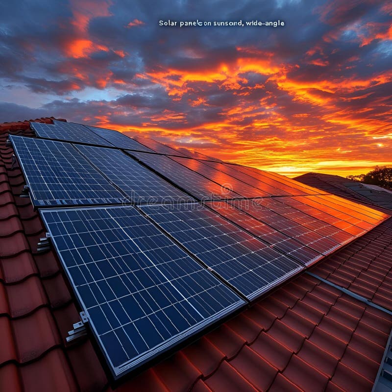 A Rooftoped Sun - Source System with Solar Panels in Sunset Stock ...