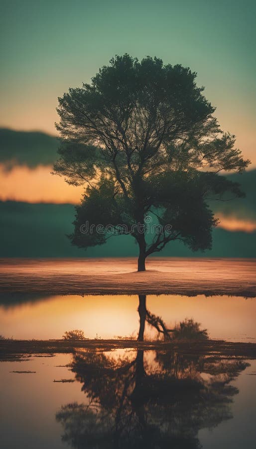 A Lone Tree is Reflected in the Lake at Sunset with a Bright Background ...